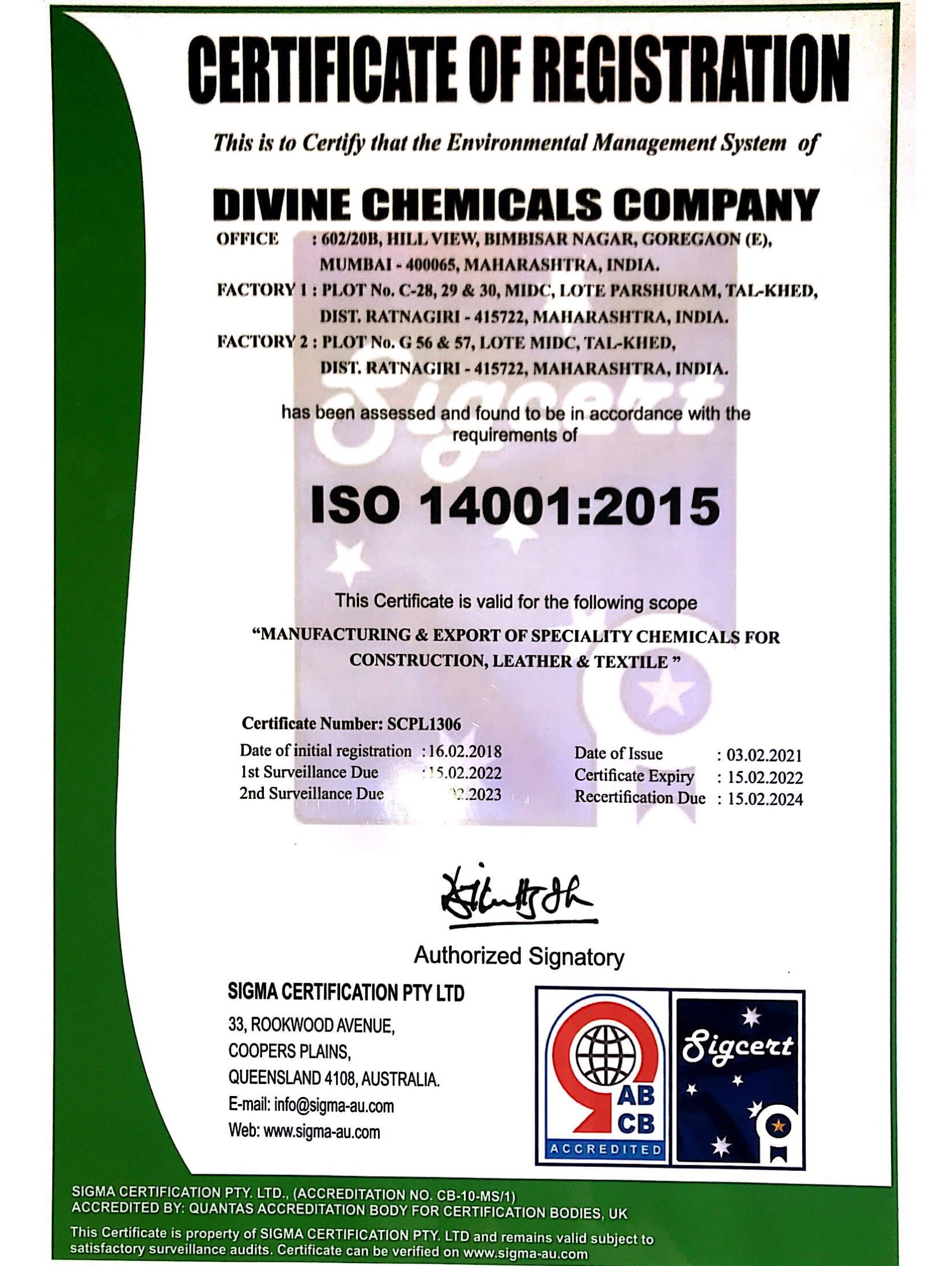 Certifications – Divine Chemical
